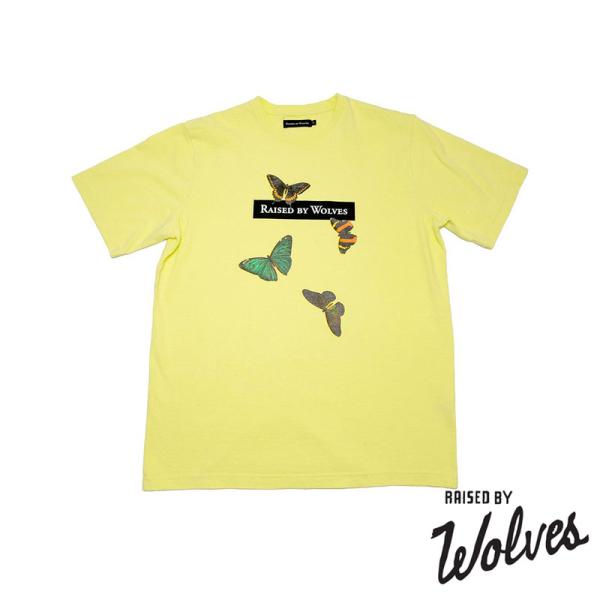 商品発送元：After Note （アフターノート）大阪 新世界ファッション・ブランド、カジュアル、メンズカジュアルウェア、Tシャツ、アメカジブランドロゴの周りを様々な蝶が飛んでいるシャレた一枚です。RAISED BY WOLVES独自のオ...
