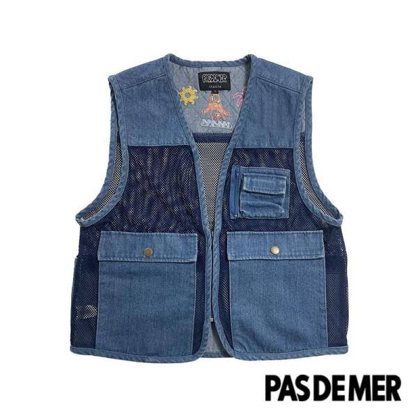商品発送元：After Note （アフターノート）大阪 新世界ファッション・ブランド、カジュアル、メンズカジュアルウェア、ジャケット・ジャンパー・ブルゾンレギュラーフィットのフィッシング・デニムベストです。USED加工されたデニムとメッシ...