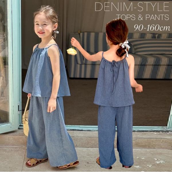 商品発送元：BAOBAOキッズ・ベビー・マタニティ素材：綿混/綿45％、ポリエステル45％、麻10％（伸縮性なし）　※デニム調トップスとガウチョパンツの上下セット！※涼しげなキャミトップス、首回りの広さは紐で調整可能！※ゆったりとしたガウチ...