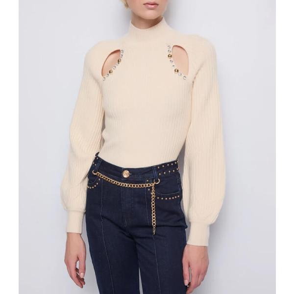 商品発送元：DESERT ROSES_ktファッション・ブランドシンプルなリブニットに、さりげない肌見せとビジュー使いが映える一枚。肩まわりのカットアウトデザインに、ゴールド×クリアビジューをあしらい、女性らしさとモード感を絶妙なバランスで...