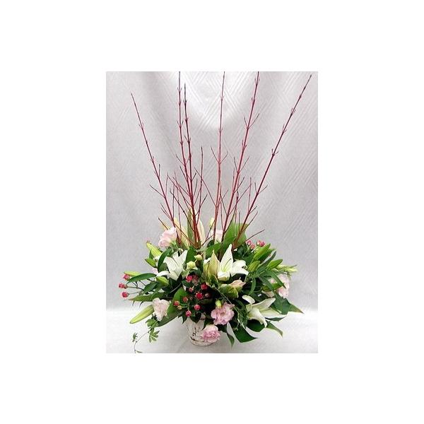 商品発送元：シンコーフラワーセンターユリ・トルコキキョウ・スプレーバラ・珊瑚水木等フラワー・ガーデニングサイズ : 高さ　80 cm 幅　50 cm 奥行き　50 cm使用花材 : ユリ・トルコキキョウ・スプレーバラ・珊瑚水木等