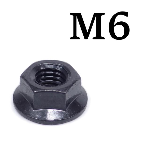 商品発送元：ジーザックドットコム車・バイクサイズ：　M6材質：ステンレス処理：ブラックコーティング つばの付いた六角ナット。座面には緩み止めのセレート（ギザギザ）が付いてます。 ※　焼き付き防止の為、ねじ部にグリスを塗布する事
