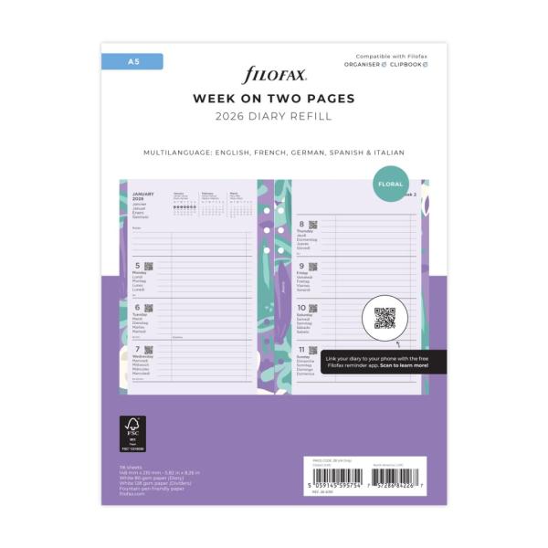 商品発送元：平和堂オンラインショップ生活・インテリア・文具商品名フローラル ダイアリーリフィルセット 見開き1週間 2026　A5 イラストレイトサイズ横 148mm × 縦 210mmリング穴数6穴品番26-63511921年にイギリスで...