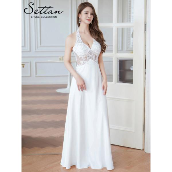 商品発送元：HotClothing　L.A.インポート＆ドレス正規販売スタッフ着用の感想普段サイズでOKファッション・ブランド、レディース・婦人服、ワンピース[SETTAN] ホルターネック Aライン ロングドレス 胸元レース ラインストー...