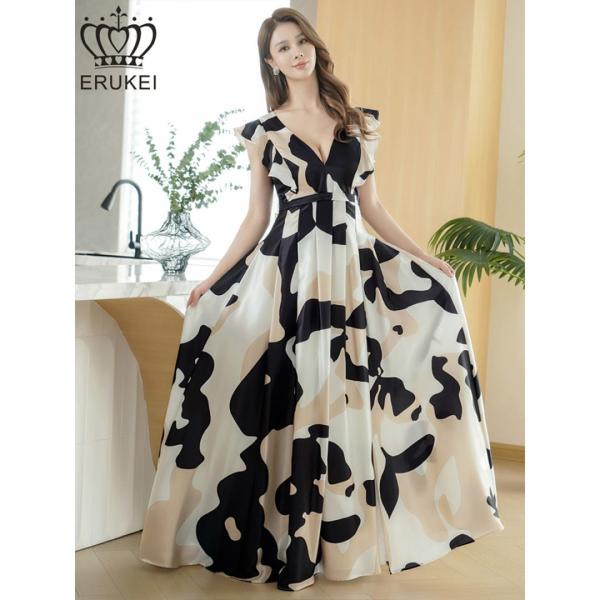 商品発送元：HotClothing　L.A.インポート＆ドレス正規販売ファッション・ブランド、レディース・婦人服深Vネックでデコルテ美しく、フリル袖で二の腕も上品カバー。抽象柄サテンが映え、ウエストタックで細見え。調節できるスリットで歩きや...