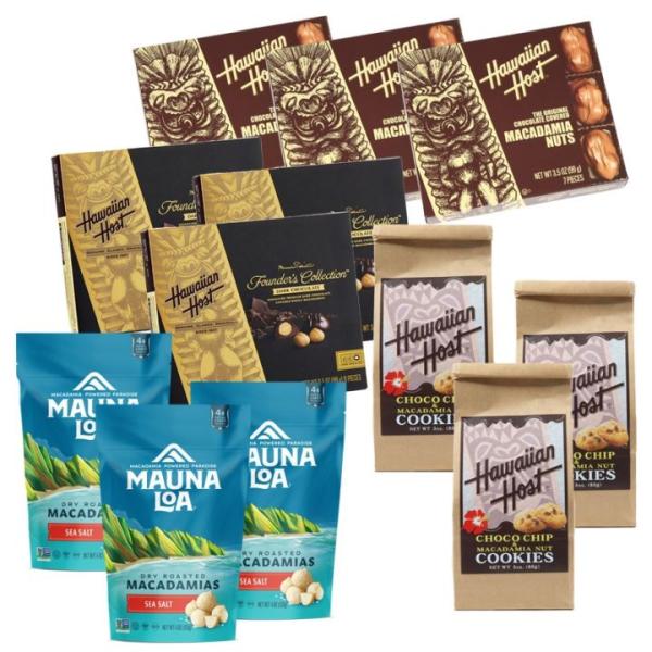 商品発送元：HIS地球旅市場配送料金別途【区分E】フード・菓子・内容、重量：1.マカダミアナッツチョコレート (7粒)×3箱2.マカダミアナッツダークチョコレート (9粒)×3箱3.マカダミアナッツ シーソルト スタンドバッグ×3袋4.チョ...