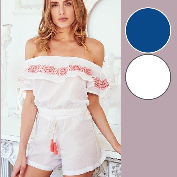 商品発送元：インポートセレクトショップ　Moda Italiaファッション・ブランド、インナーウェア・ナイトウェア、レディースイタリアインポートブランド NOTTINGHAM 33564 オフショルダー刺繍パジャマ　カラー：ブルー、白オフシ...