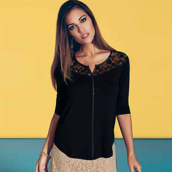 商品発送元：インポートセレクトショップ　Moda Italiaファッション・ブランド、レディース・婦人服、カットソー、長袖インポート カットソー イタリア ブランド ANDRA 3710 レース切替カットソー　黒　白　胸元にレースの切替をあ...