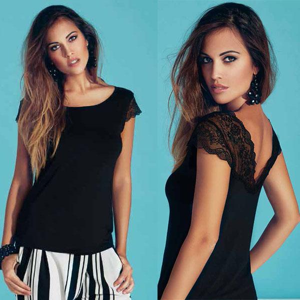 商品発送元：インポートセレクトショップ　Moda Italiaファッション・ブランド、レディース・婦人服、カットソー、半袖インポート カットソー イタリア ブランド ANDRA 3704 レース切替カットソー　黒　白バックをレースで切替えた...