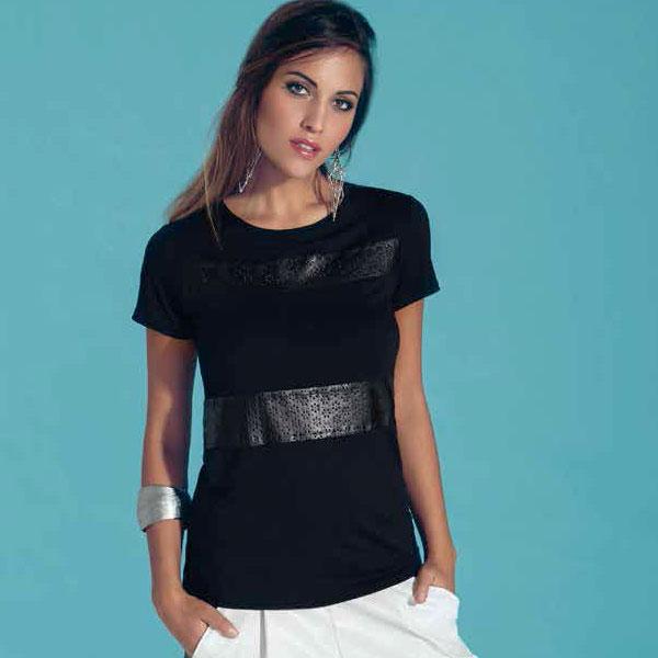 商品発送元：インポートセレクトショップ　Moda Italiaファッション・ブランド、レディース・婦人服、カットソー、半袖イタリア インポート カットソー ブランド ANDRA 3724 レザー切替半袖カットソー　白　黒花柄にカットアウット...