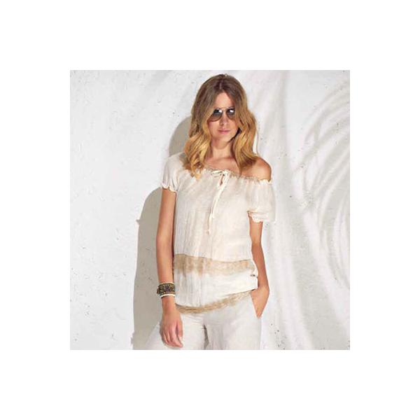 商品発送元：インポートセレクトショップ　Moda Italiaファッション・ブランド、レディース・婦人服、ブラウスイタリア インポート ブランド ELEONORA AMADEI ラメリネンブラウス　アイボリーラメを施した高級天然リネンガーゼ...