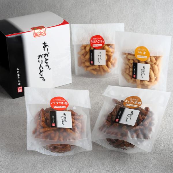 商品発送元：三州菓子工房　中田屋フード・菓子「ありがとうの贈りもの」かりんとう4種入りのセットとなります。かりんとうで感謝の気持ちをお伝えするお手伝いを致します。4種入りのお手軽セットとなってます。内容・八丁味噌かりんとう・あっさり黒糖かり...