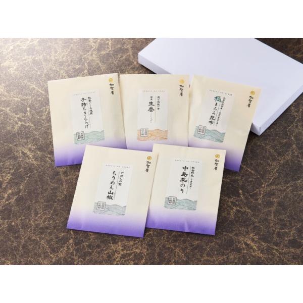 商品発送元：加賀屋オンラインショップ【公式】・この商品には送料が含まれております。・写真はイメージです。フード・菓子ご飯のお供に最適な「ちりめん山椒・中島菜のり・混ぜご飯の素　生姜・子持ちきくらげ・極とろろ昆布」の加賀屋オリジナル商品5品セ...