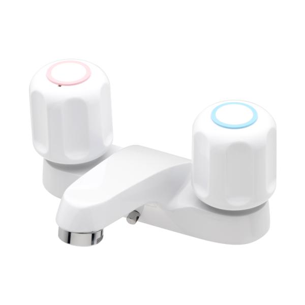 商品発送元：atelier DADA生活・インテリア・文具 ・ボディとハンドルをホワイトで統一した洗面用２ハンドル混合栓です。・白を基調とした洗面台によく馴染み、柔らかい印象になります。・ゴム栓くさり付き・取付穴径：23〜26ミリ・取付厚：...