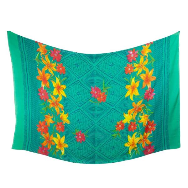 商品発送元：ブラジル直輸入ファッション・雑貨通販 SORTE Brazilバッグ・靴・小物、その他リゾートフラワー柄 トライバル【ブラジルカンガ】大判クロス グリーンマルチ パレオ 雰囲気たっぷりのトライバル柄にリゾート感あるトロピカルフラ...