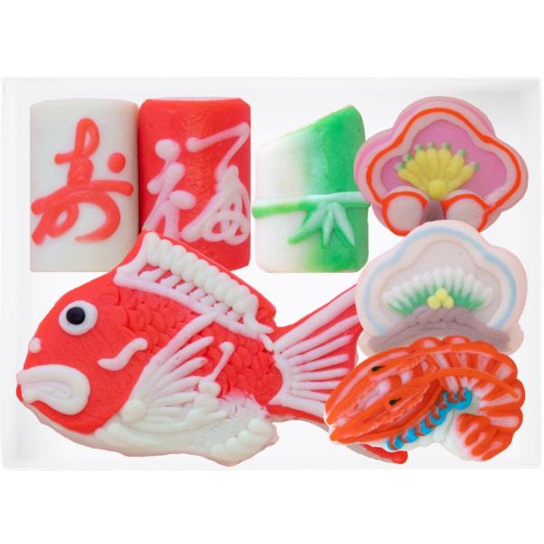 商品発送元：富山の蒲鉾屋　梅かまフード・菓子、水産物・水産加工品、かまぼこ◇セット内容：中紅白（字）、1.5号鯛、松、竹、梅、海老◇箱サイズ(cm)：26×36×6.5◇内容量：2100g◇紅白の文字は祝・米寿など他文字に変更可能です（変更...