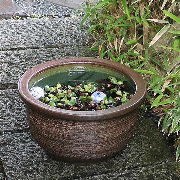 商品発送元：まるいち本店13時までの決済完了で当日出荷（土日祝日除く）生活・インテリア・文具品　番su-0234　金魚鉢、めだか鉢にお勧めの水鉢品　名信楽焼　15号窯肌すいれん鉢　【送料無料】サイズ・重量直径440×高さ245mm（外寸）口...
