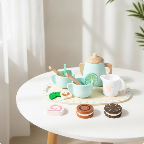 【商品概要】: 温かみのある木とプラスチックを組み合わせたトレイ付きティーセットおもちゃです。楕円形のサービングトレイ、蓋付きのティーポット、小さなカップ、ピッチャー、木製スプーン、そして可愛らしいデザートパーツが揃っており、届いたその日か...