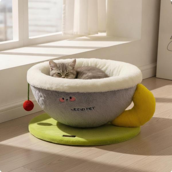 【ユニークなデザイン】: 愛らしいコーヒーカップの形をしたユニークなペット用品で、お部屋のインテリアに遊び心をプラスします。【快適な寝心地】: ふわふわのクッション付きリムと内側ライニングを施した猫用ベッドで、丸くなって眠るのが大好きな愛猫...