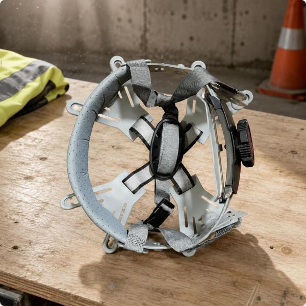 【基詳細報】: 8点式の安全ヘルメット部品として使える交換用のヘルメット内ハーネスで、ヘルメット内部に取り付ける内装パーツです。【構造】: 成形プラスチックのフレームと編みひも状のウェビングストラップで構成され、頭部を囲む円形のバンドと中央...
