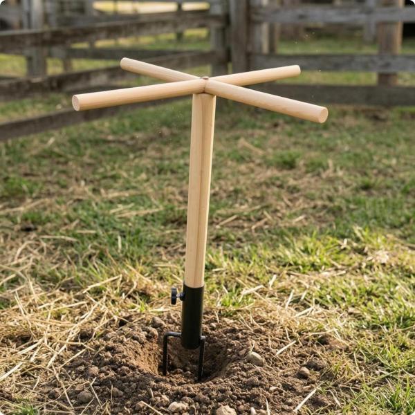 【基基本仕様報】: 木製鶏止まり台として使える自立式鶏止まり台で、屋外用鶏止まり台の用途に対応するフロアスタンド型です。自然な淡い木目と、下部のダークグリーン/ブラックの地面固定部が組み合わされています。【構造】: 直立する主要ポストと、上...