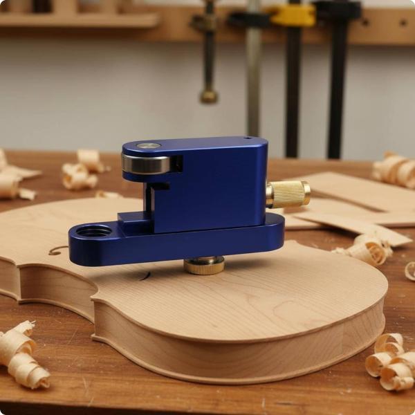 【基本仕様】: これはバイオリン製作や修理で使う楽器加工用品のパーフリング溝切り治具で、ルーターや回転工具に取り付けて使います。【主な機能】: バイオリン工具として、板の縁に沿った一定距離の溝加工をサポートし、パーフリング溝を安定して切削で...