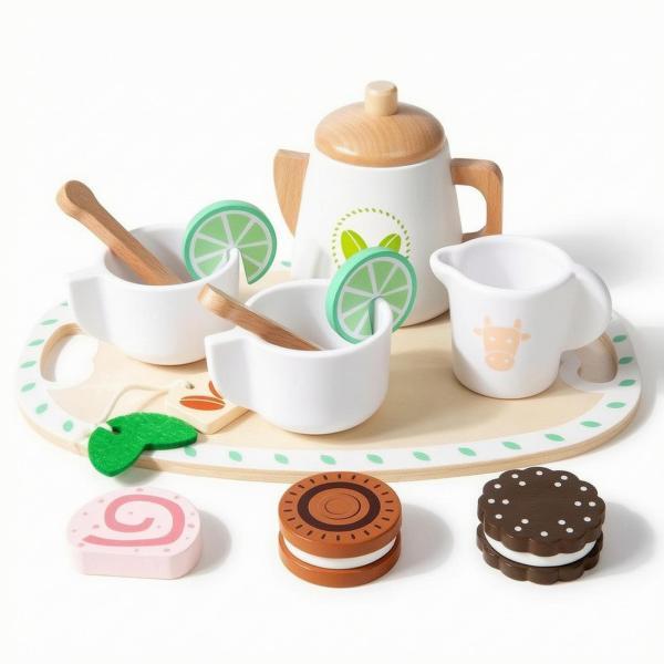 【商品概要】: 温かみのある木とプラスチックを組み合わせたトレイ付きティーセットおもちゃです。楕円形のサービングトレイ、蓋付きのティーポット、小さなカップ、ピッチャー、木製スプーン、そして可愛らしいデザートパーツが揃っており、届いたその日か...