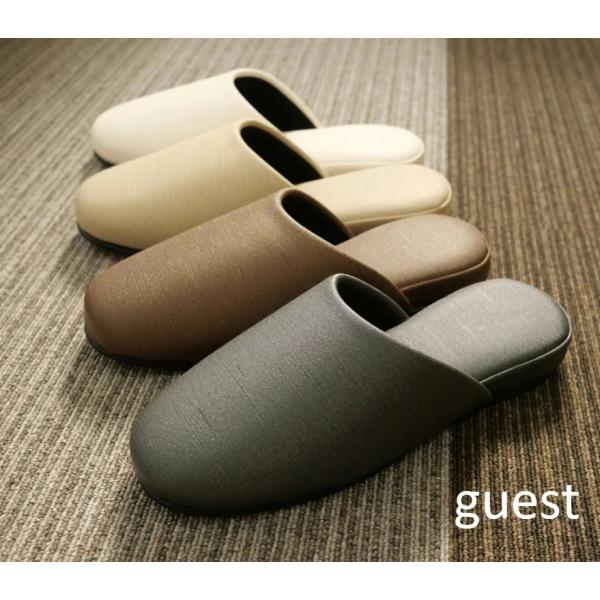 素材:ビニールレザー（合成皮革）サイズ:レディースサイズ（ゲストスリッパ）外寸:フリーサイズ　外寸約27cm来客用としてレディース、足の小さめの男性にも製造:インドネシア製カラー:アイボリー、ベージュ、ブラウン、ダークグレー