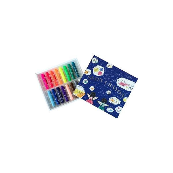 【ケースサイズ】186×167×24mm【サイズ】クレヨン1本あたり:直径11mm×長さ65mm【内容】16色×各1本(赤・朱・橙・蜜柑・黄・黄緑・緑・青緑・水・青・群青・紫・薄橙・茶・灰・白)【イラスト】すがわらあいブラックライトフィルム付き