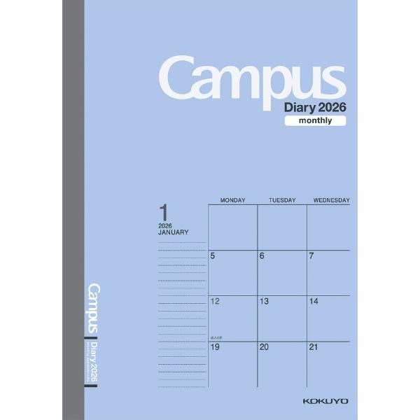 見開き両面1カ月/2025.12〜2027.1(月曜始まり)サイズ：A5/210x148mm年間カレンダー月間予定(見開き1カ月・ブロック式)年度計画表・横罫(28行)表紙・中紙/森林認証紙製本/糸かがり綴じ枚数/32枚(64ページ)