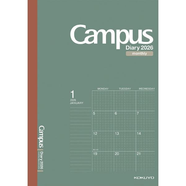 見開き両面1カ月/2025.12〜2027.1(月曜始まり)サイズ：A5/210x148mm年間カレンダー月間予定(見開き1カ月・ブロック式)年度計画表・方眼罫表紙・中紙/森林認証紙製本/糸かがり綴じ枚数/32枚(64ページ)