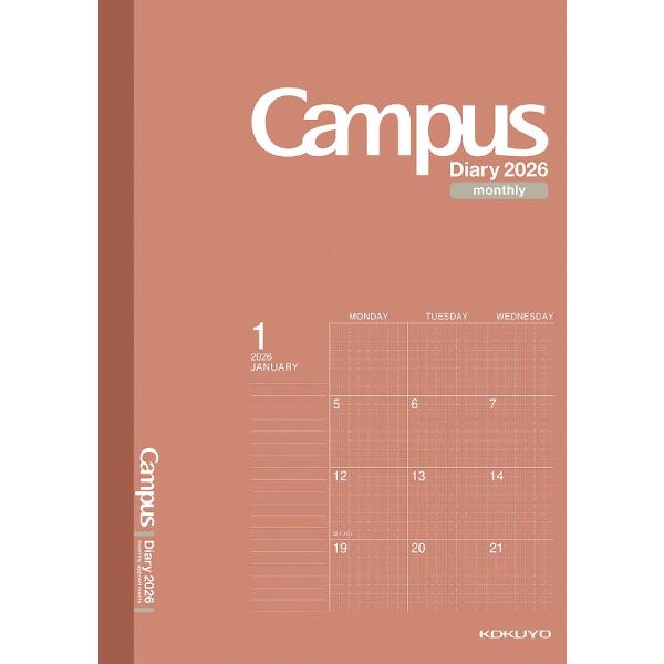 見開き両面1カ月/2025.12〜2027.1(月曜始まり)サイズ：A5/210x148mm年間カレンダー月間予定(見開き1カ月・ブロック式)年度計画表・方眼罫表紙・中紙/森林認証紙製本/糸かがり綴じ枚数/32枚(64ページ)