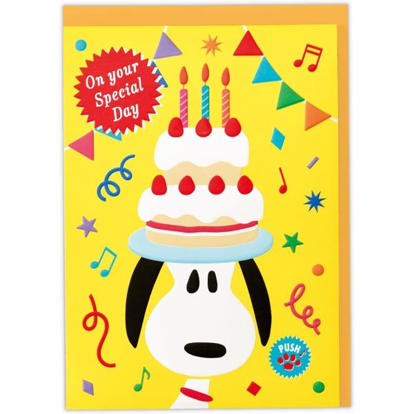 【サイズ】W127×H178×D7mm【仕様】　定形外【仕様】曲名♪バースデーソング/エンボス加工びっくりスヌーピーがオルゴールカードに！