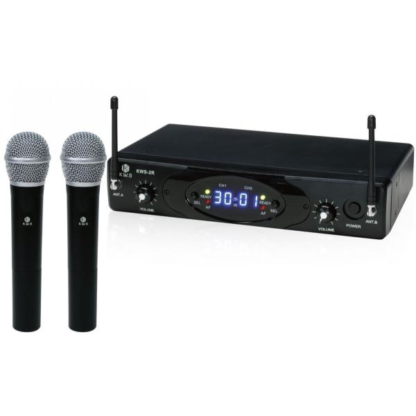 KWS-2H/HK.W.Sワイヤレスシステム　ハンドヘルド(ハンドマイク）デュアルタイプ ワイヤレスマイクを二本と受信機のセットです。ワイヤレスマイク二本に対して、受信機が一つの構成なので、ワイヤレスマイクを2本同時使用するような場面での御...