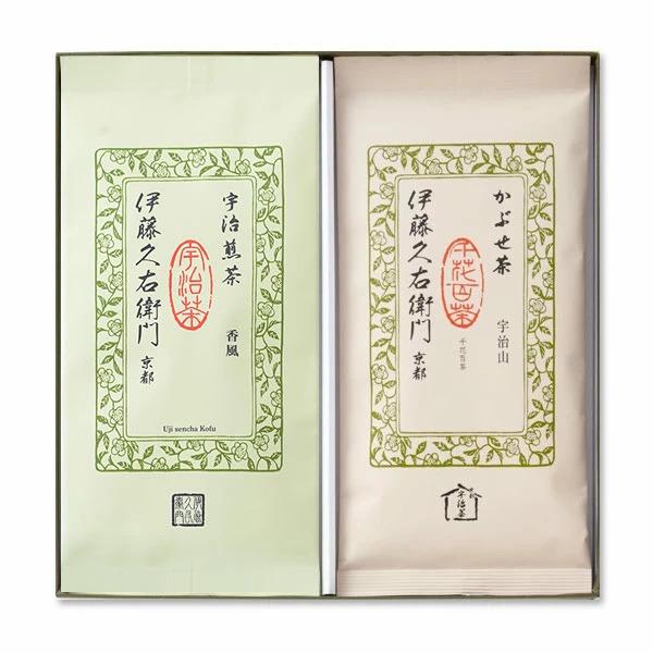 ※パッケージは変更になる場合があります。宇治煎茶「香風（旧：さみどり）」80g袋入 かぶせ茶「宇治山」80g袋入総重量：約355g商品サイズ：直径23cm x 高さ11cm外箱サイズ：縦23.5cm×横23.5cm×高さ2.5cm賞味期限：...