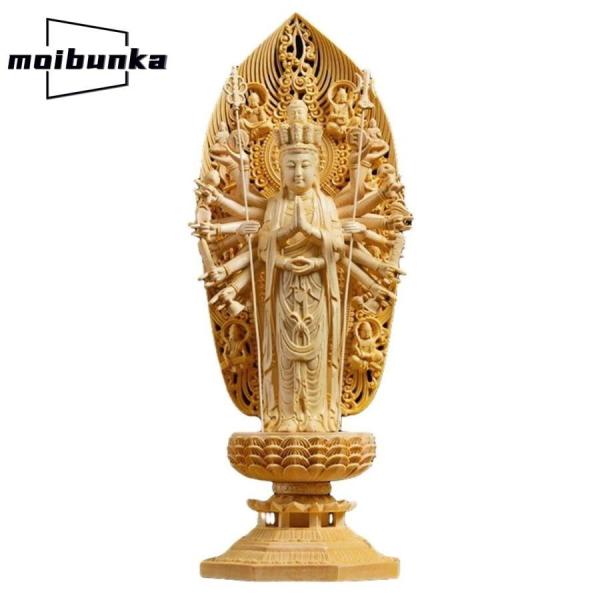 千手観音 仏像 観音像 木彫 檜 細工木彫 風水 開運 工芸品置物 家庭応接間置飾 (43*14.5*14.5)cm