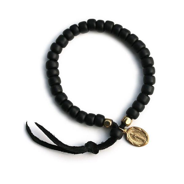 BELIEVEINMIRACLE ビリーブインミラクル 【 BLK BZ BRACE ブラックビーズブレスレット 】[ 正規品 ] レザー マリア メダイ ブラス アンティークゴールド フリーサイズ 鹿革 黒 真鍮 金 ペア プレゼント ユ...