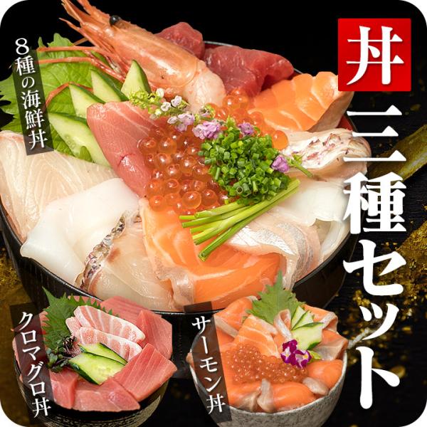 王道の１番人気「海鮮丼」、リピート率No.１の人気「クロマグロ丼」、安定の一押し人気「サーモン丼」。糸島海鮮堂の人気３商品を堪能できるセットです。▼商品内容・8種の海鮮丼（1食）・クロマグロ丼（1食）・サーモン丼（1食）３種類　合計３食セッ...