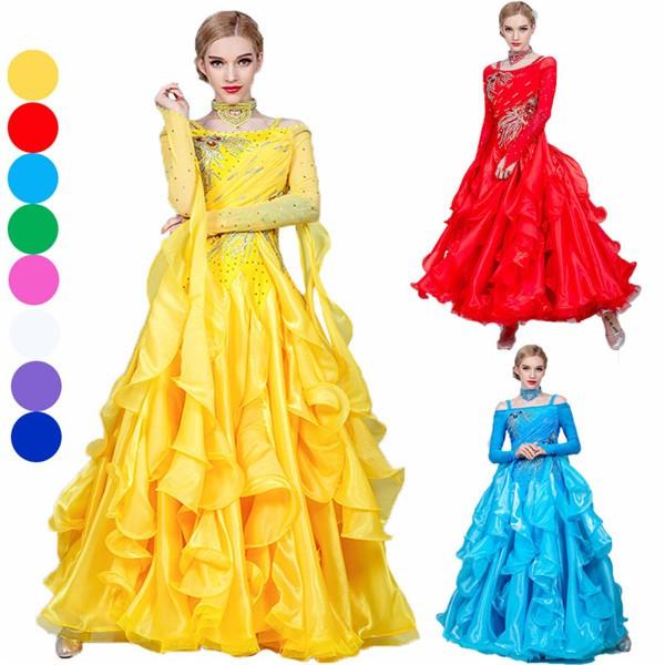 [ 商品名 ]【サイズ有S/M/L/XL/2XL/3XL】8カラー サイズ指定可 新作 社交ダンス モダンドレス 社交ダンス衣装　大きいサイズ 大きい裾　社交ダンス ドレス スタンダードドレス ワルツダンス ダンス衣装 競技会用 デモ用 パ...