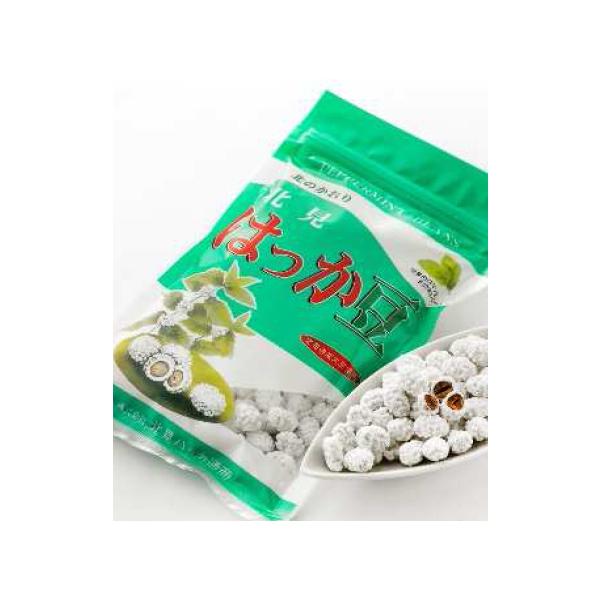 【規格】140g北海道で長く愛され続ける、豆菓子の代表格。北海道産大豆を１００％使用。大豆の香ばしい風味とハッカの爽やかさが、絶妙なバランスでお口の中で広がります。風味を損なわないよう、便利なファスナー付きです。