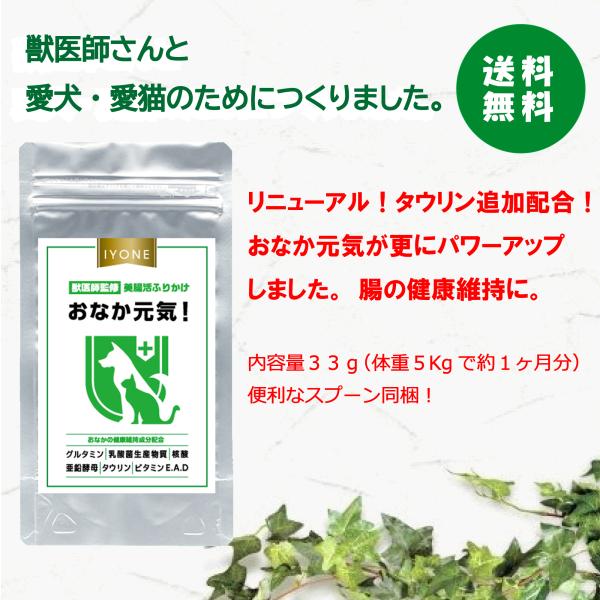 【リニューアル　タウリン追加配合】獣医師共同開発おなか元気は必要な成分だけを配合したサプリ。ペットフードは消化に悪いものが多く、消化能力が弱い子は栄養が不足しやすい傾向があります。また、予防薬など薬まみれとなっていて、亜鉛やグルタミンなど消...