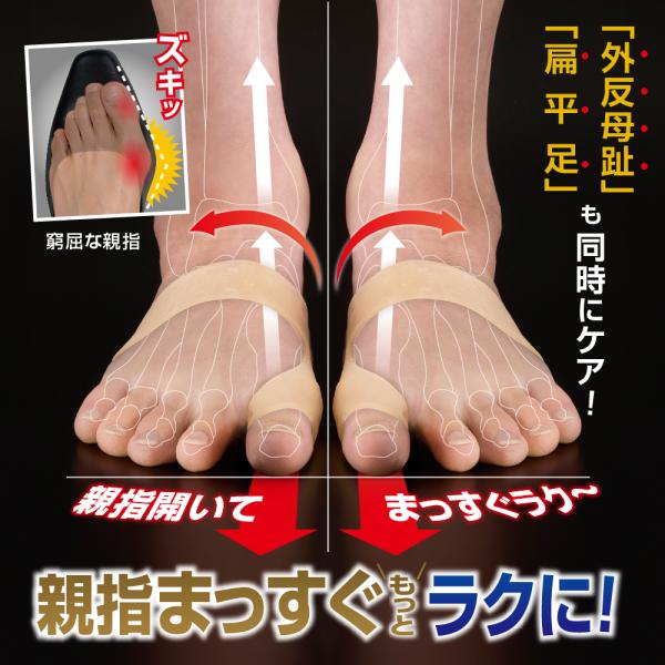 外反母趾+偏平足ケアで 親指まっすぐ！　もっとラクに！親指を開いて支える「ゆびただし」に、土踏まずを持ち上げる肉厚パッドをプラス。土踏まずのアーチ崩れを補整して、親指にかかる負担をさらに軽減。靴を履いても違和感や窮屈感がなく快適に歩けます。...