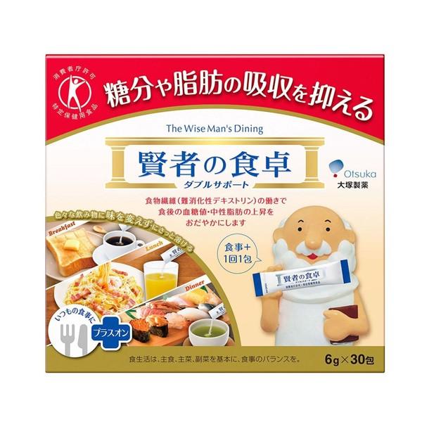 【特保・トクホ】賢者の食卓 ダブルサポートは食物繊維（難消化性デキストリン）の働きで糖分や脂肪の吸収を抑え、食後の血糖値や中性脂肪の上昇をおだやかにします。お水・緑茶・紅茶など味を変えずにさっと溶けるので、食事のシーンを選びません。スティッ...