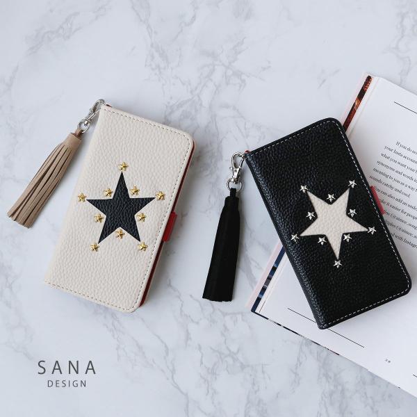 ★かわいい大きなスターが特徴的★Bigタッセル付き★インナーカラーは鮮やかなレッド豊富な別売りオプションで自分好みのスマホにカスタマイズ可能。【カラー】ブラッククリーム※光の加減で画像と実物の色が多少異なります【カスタマイズオプション】(1...