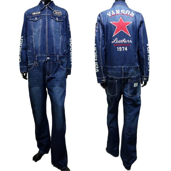 【仕様】・フロント→モチーフはワッペン・バック→赤星はアップリケ刺繍、それ以外は全て刺繍・左袖→「VANSON」はプリント、星は刺繍・右袖→ロゴはプリント・ポケットはツナギ上部フロントに4か所、下部(ボトム部分)は5ポケット仕様・素材はデニ...