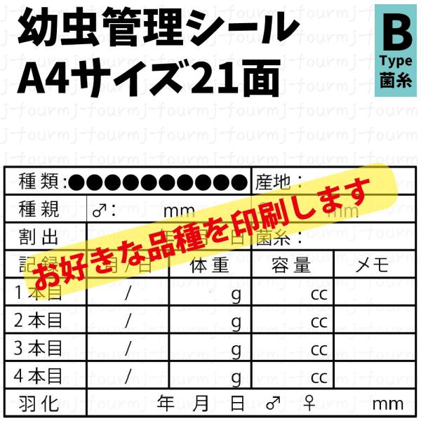 幼虫管理に必要な情報が書き込めるプロっぽい気分になれるラベルです。最初から種類にお好きな品種が印刷されたタイプです。大量飼育されている方に便利なラベルとなっております。他の種類、パプアキンイロクワガタやババオウゴンオニクワガタ等、変更するこ...