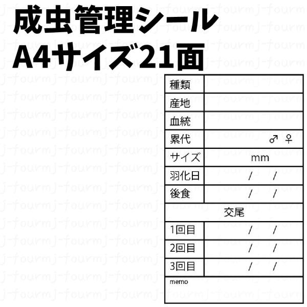 成虫管理に必要な情報が書き込めるプロっぽい気分になれるラベルです。・1片サイズ横70mm×縦42.3mm・再剥離タイプの用紙を使用しています。すぐに欲しい方でも安心の、宅急便と同じ配達日数のネコポス（ポスト投函）発送です。