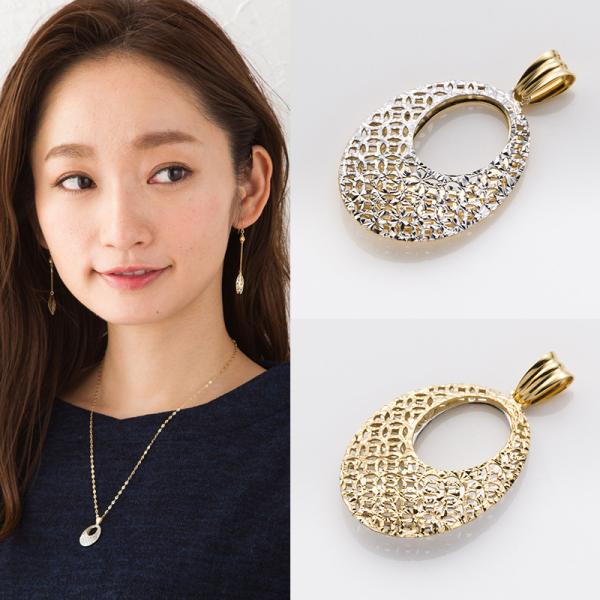 製品仕様商品名 透かしデザインペンダントトップ重さ／寸法 約0.85g本体サイズ：25mm(バチカン含む)×15mmバチカン内径：約3.5mm素材／材質 K18　YG/WG色 ゴールド系/ホワイトゴールド系ご注意事項 モニターの発色の具合に...