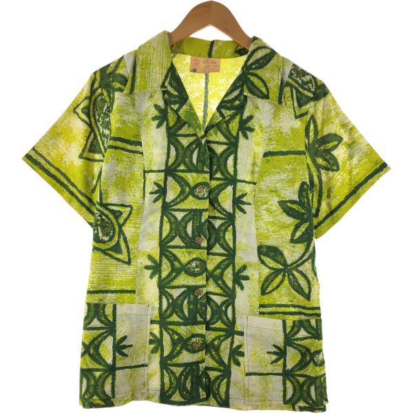 【コンディション】ランク：B【サイズ】着用感：レディースL表記サイズ：不明着丈：66.5cm身幅：55.5cm肩幅：42.5cm袖丈：21cm【商品詳細】商品名：古着 ALOHA UNIFORMS 総柄 オープンカラー ハワイアンアロハシャ...