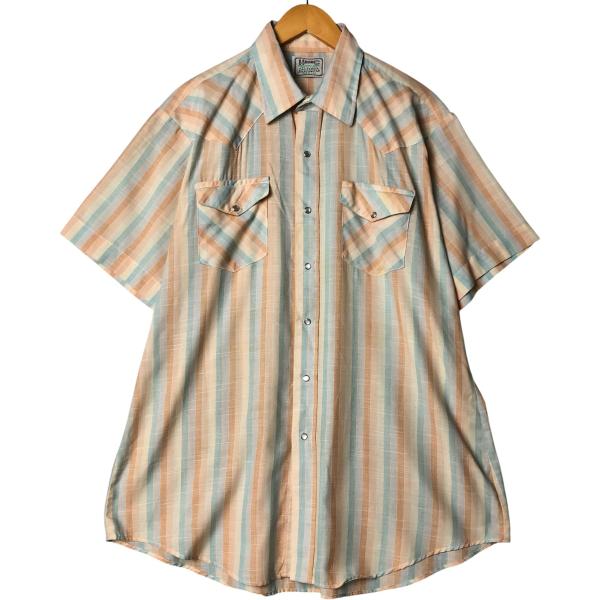 【コンディション】ランク：C【サイズ】着用感：メンズL表記サイズ：不明着丈：82cm身幅：63cm肩幅：49.5cm袖丈：24cm【商品詳細】商品名：古着 70年代 エイチバーシー H BER C ストライプ柄 半袖 ウエスタンシャツ US...